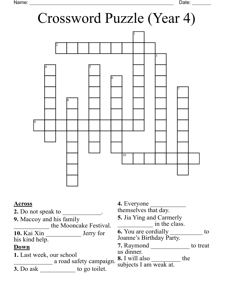 Crossword Puzzle (Year 4) - WordMint