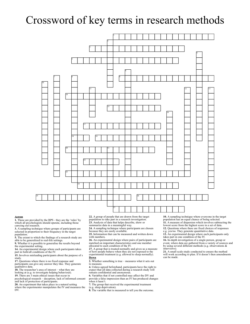 Crossword Of Key Terms In Research Methods WordMint