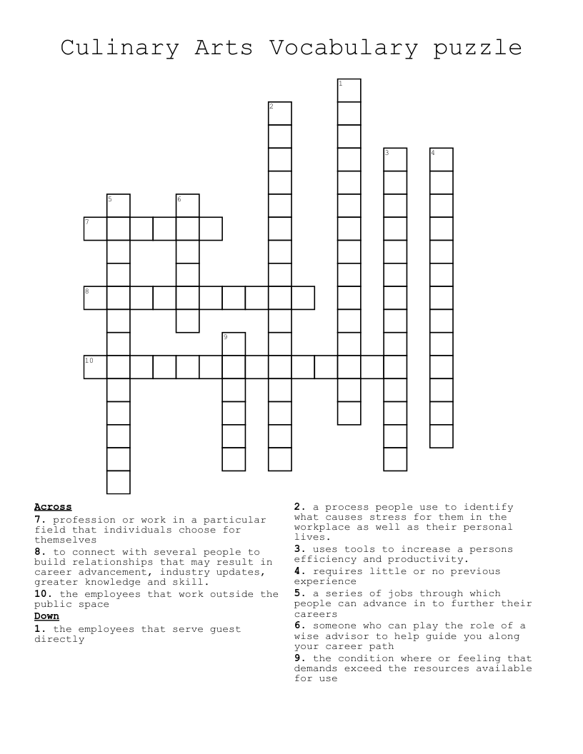 Culinary Arts Vocabulary Puzzle Crossword WordMint