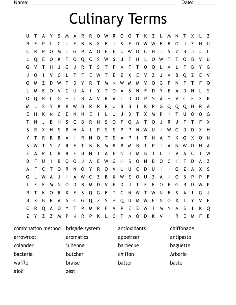 Culinary Terms Word Search WordMint