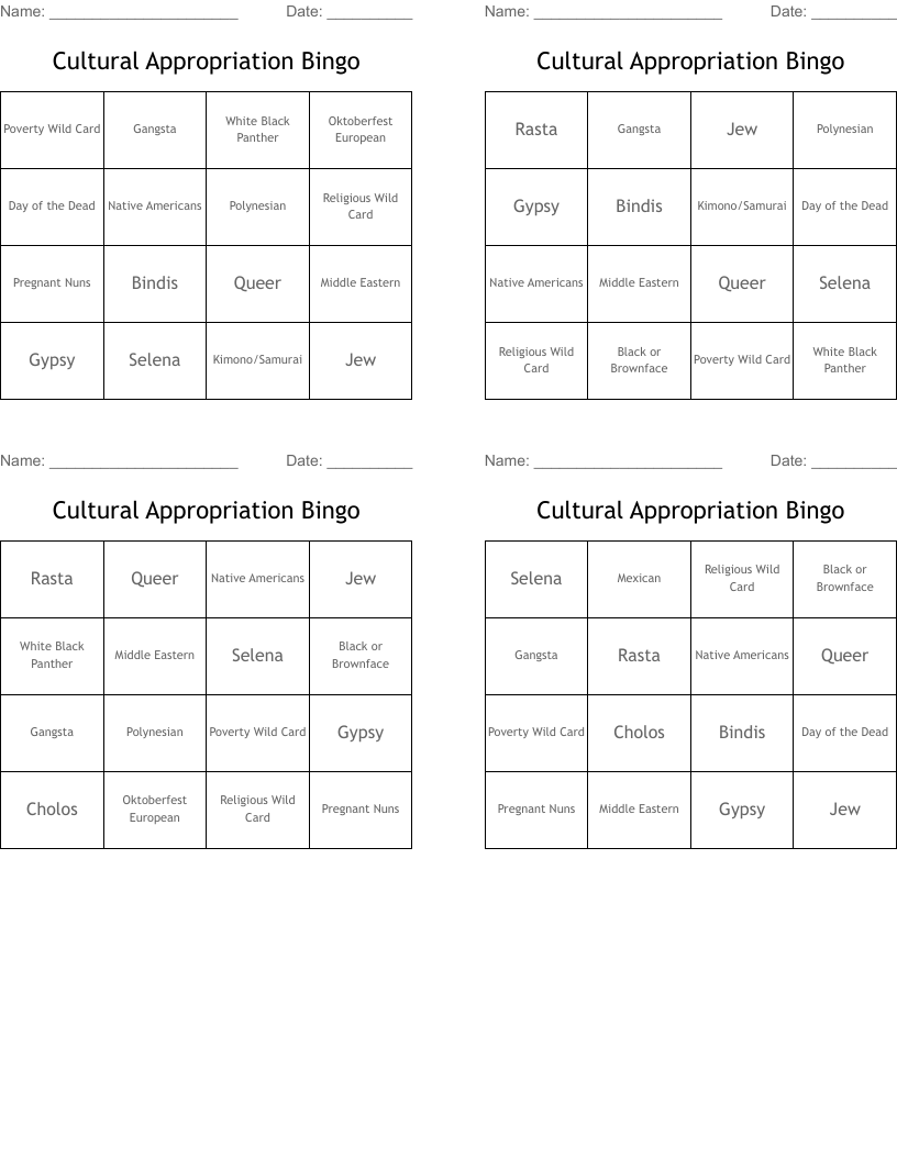 Cultural Appropriation Bingo - WordMint