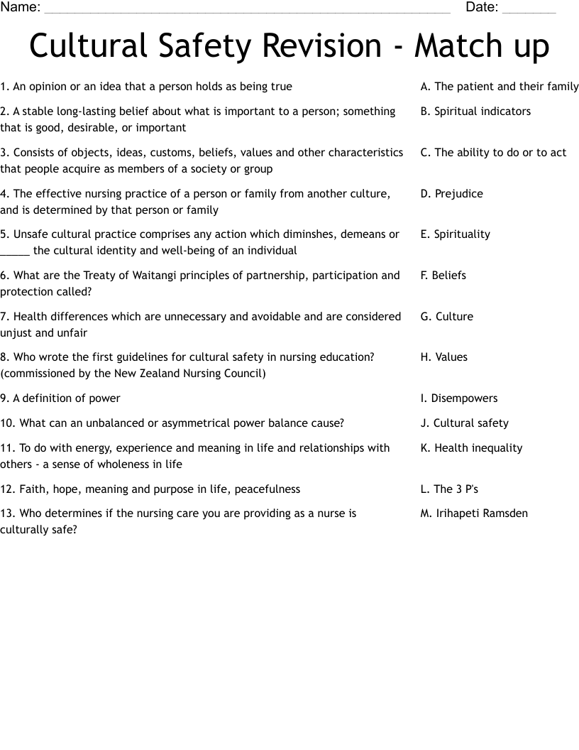 Cultural Safety Revision - Match up Worksheet - WordMint