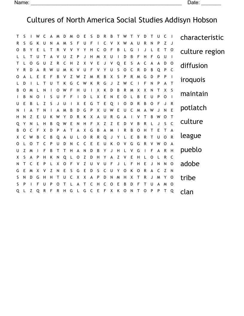 Cultures of North America Social Studies Addisyn Hobson Word Search ...