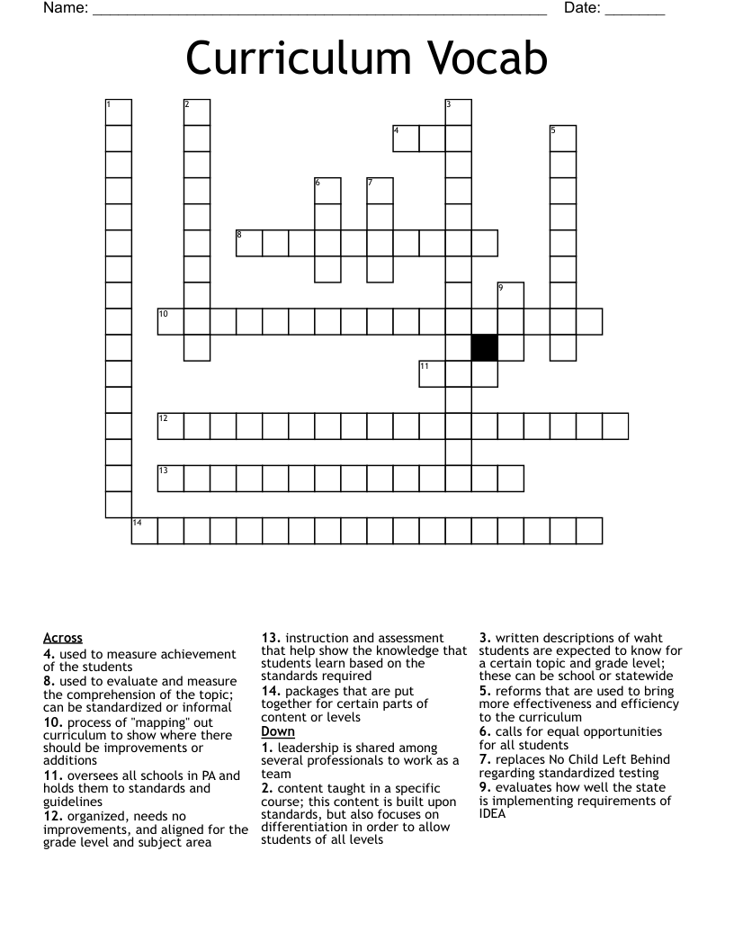 Curriculum Vocab Crossword - WordMint