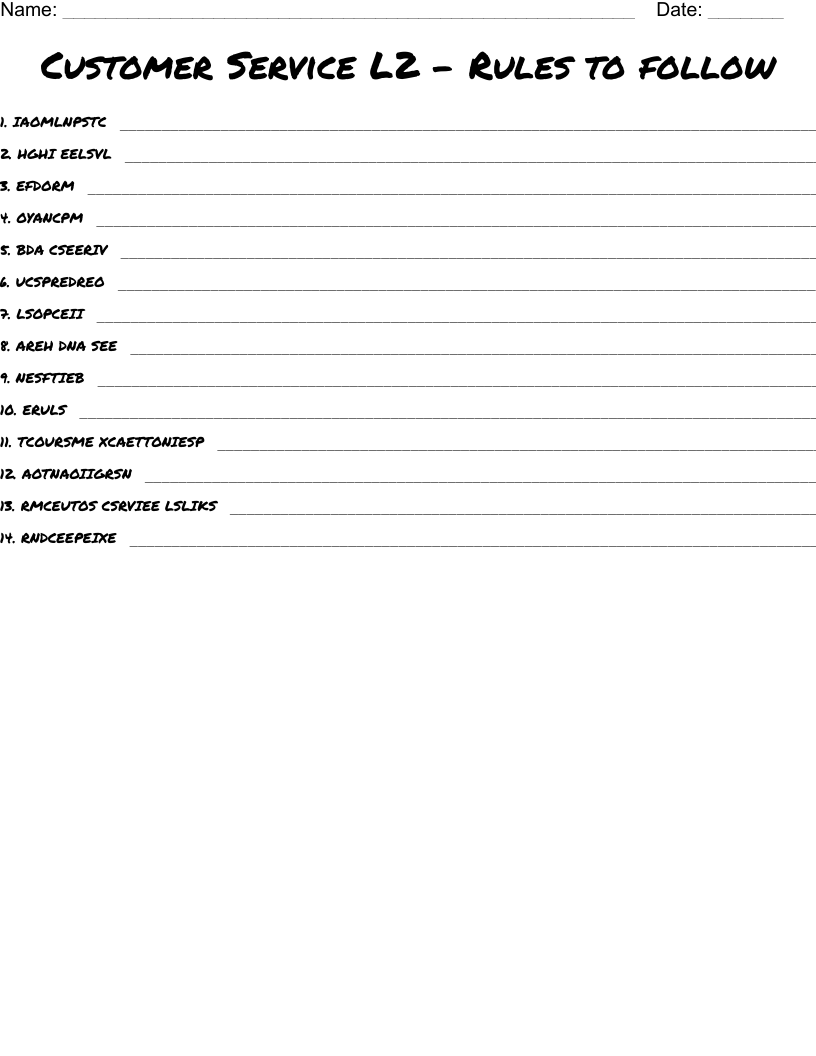 Customer Service L2 - Rules to follow Word Scramble - WordMint