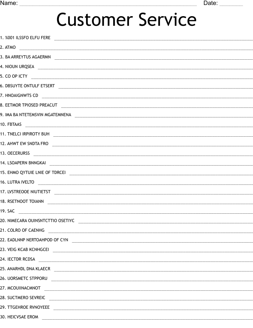 Customer Service Word Scramble - WordMint