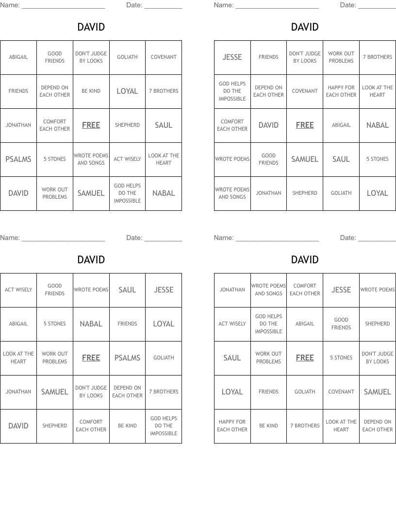 DAVID Bingo Cards - WordMint