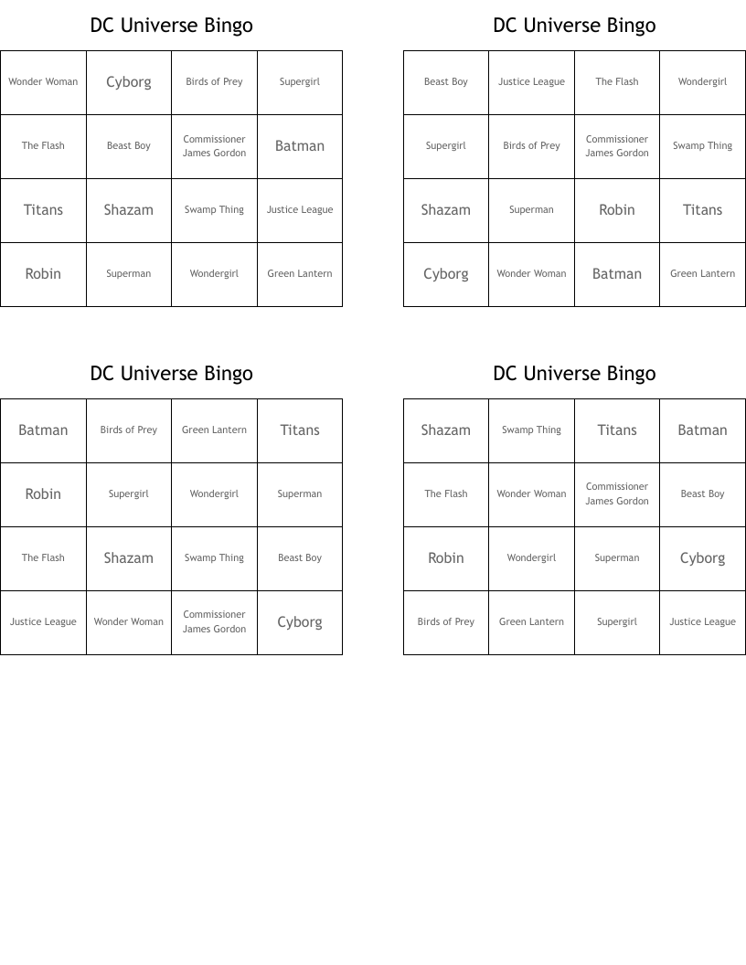 DC Universe Bingo - WordMint