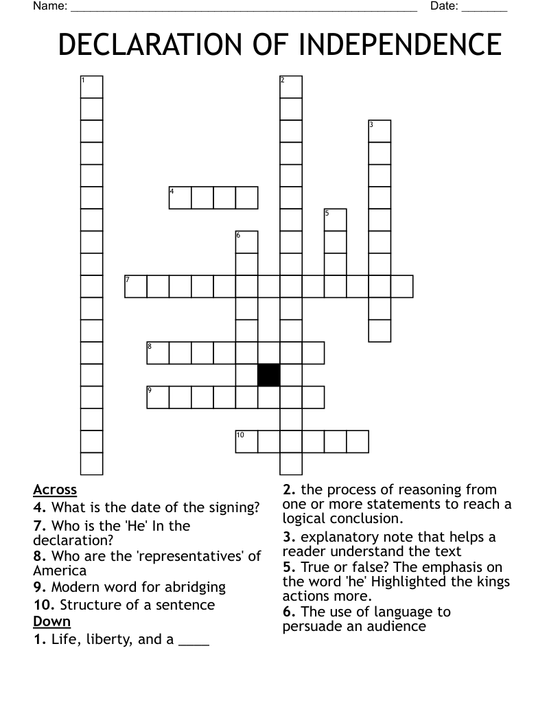 DECLARATION OF INDEPENDENCE Crossword - WordMint