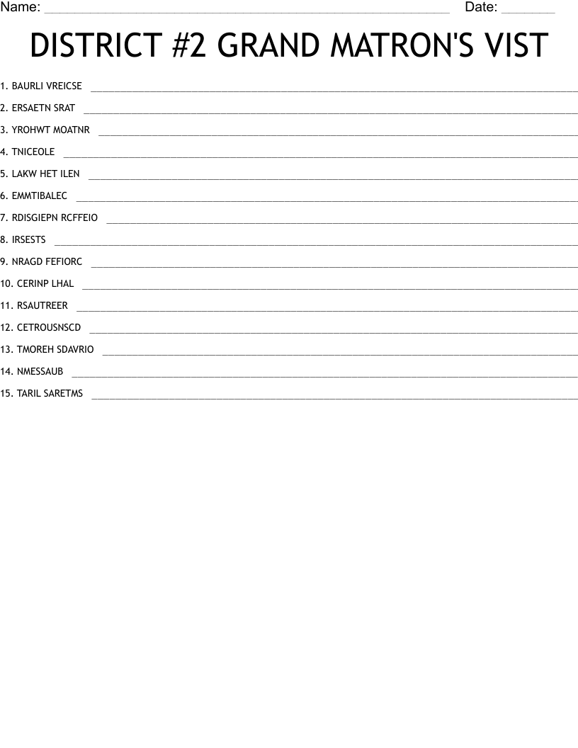 DISTRICT #2 GRAND MATRON'S VIST Word Scramble - WordMint