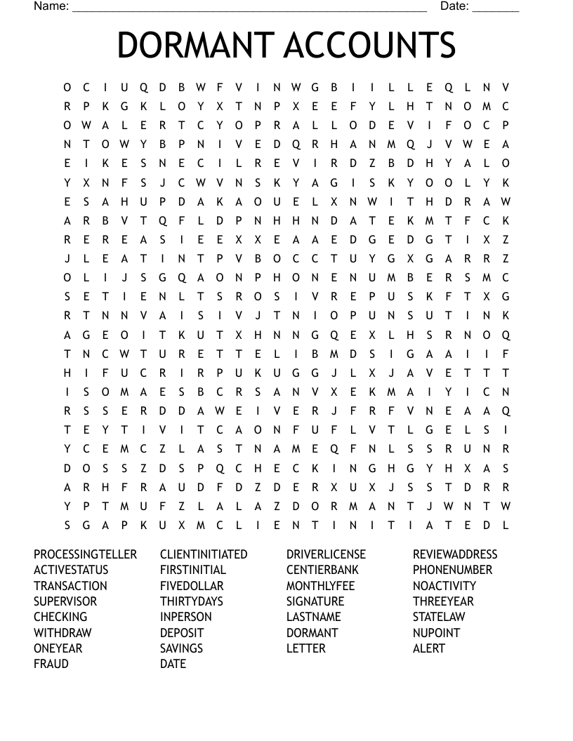 DORMANT ACCOUNTS Word Search - WordMint