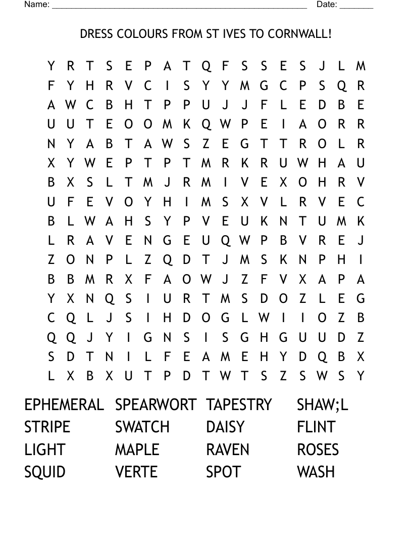 DRESS COLOURS FROM ST IVES TO CORNWALL! Word Search - WordMint