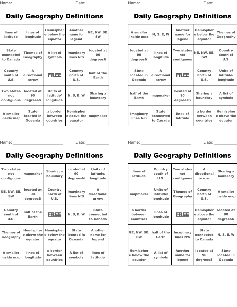 Daily Geography Definitions Bingo Cards - WordMint