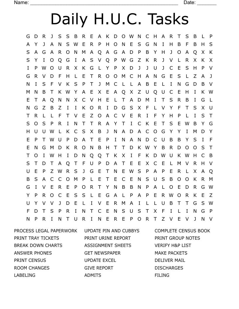 Daily H.U.C. Tasks Word Search - WordMint
