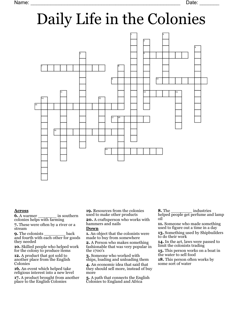 Daily Life in the Colonies Crossword - WordMint