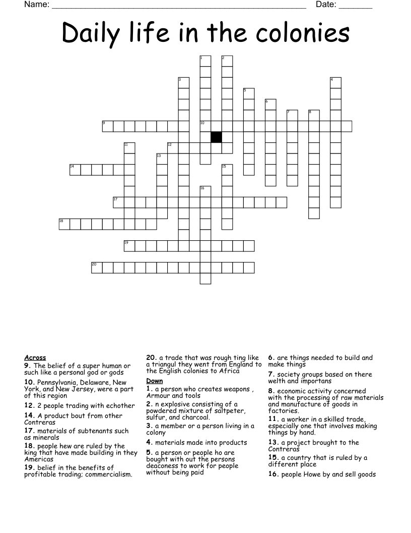 Daily life in the colonies Crossword - WordMint