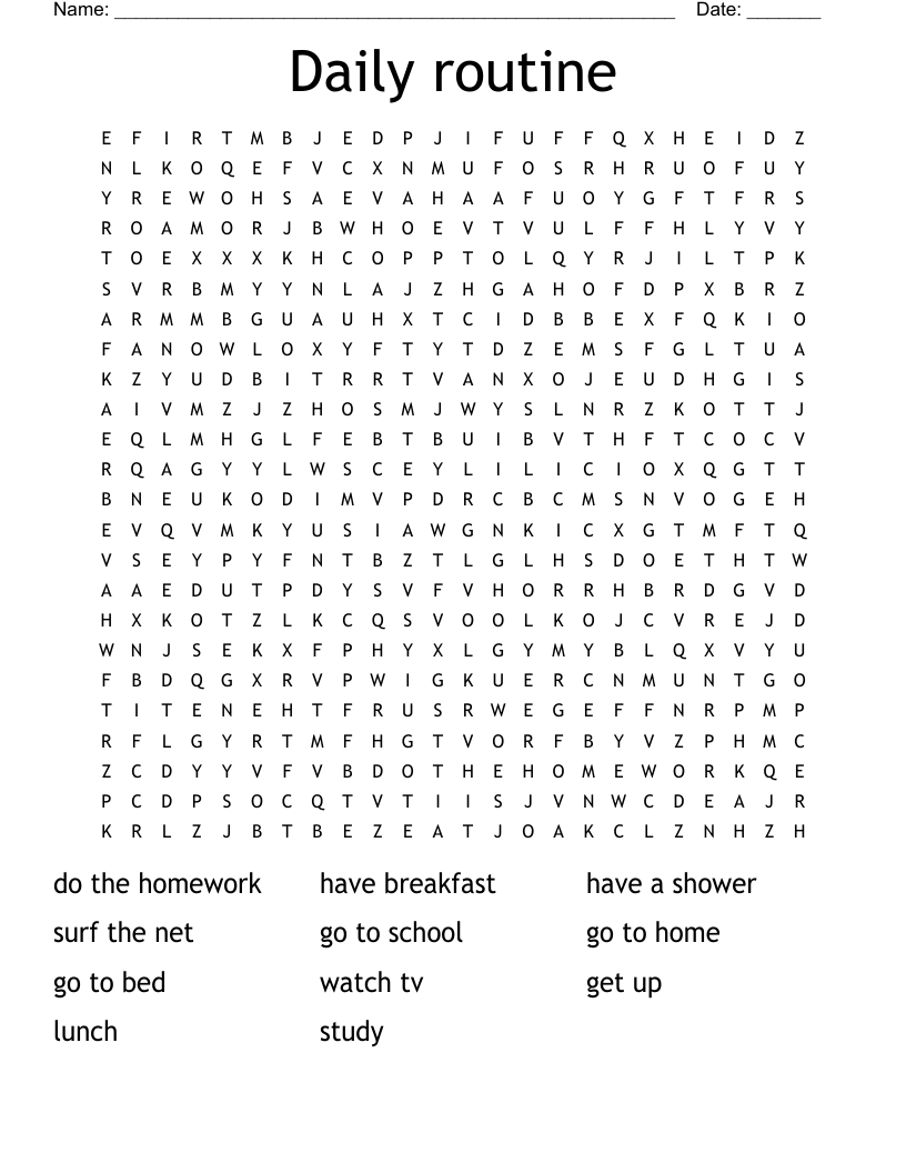 Daily Routine Word Search WordMint