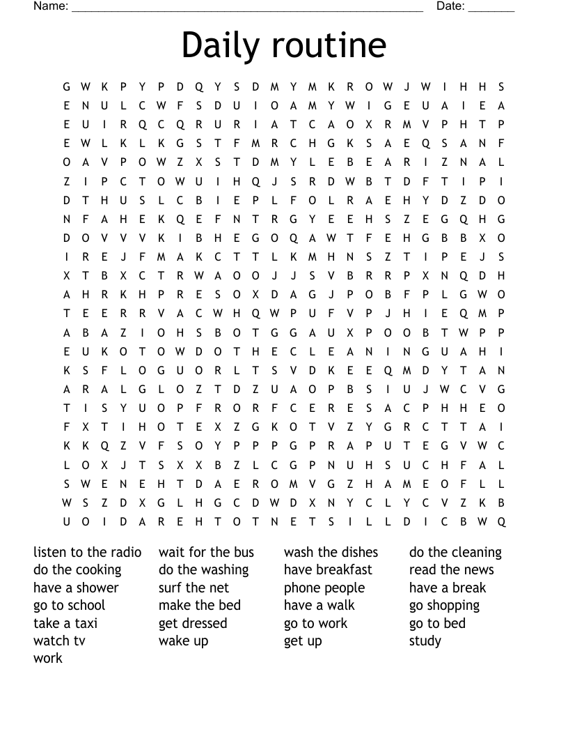 Daily Routine Word Search WordMint