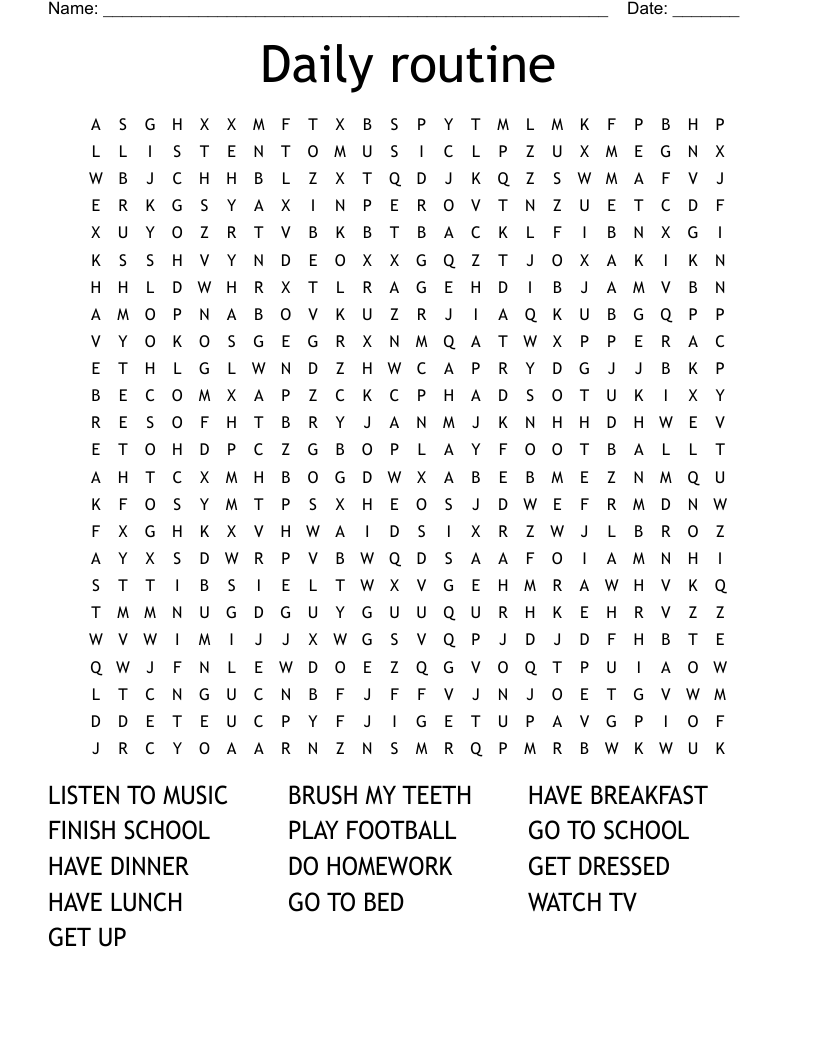 Daily Routines Word Search WordMint