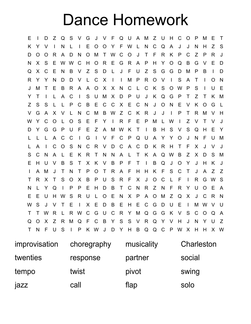 Dance Homework Word Search - WordMint