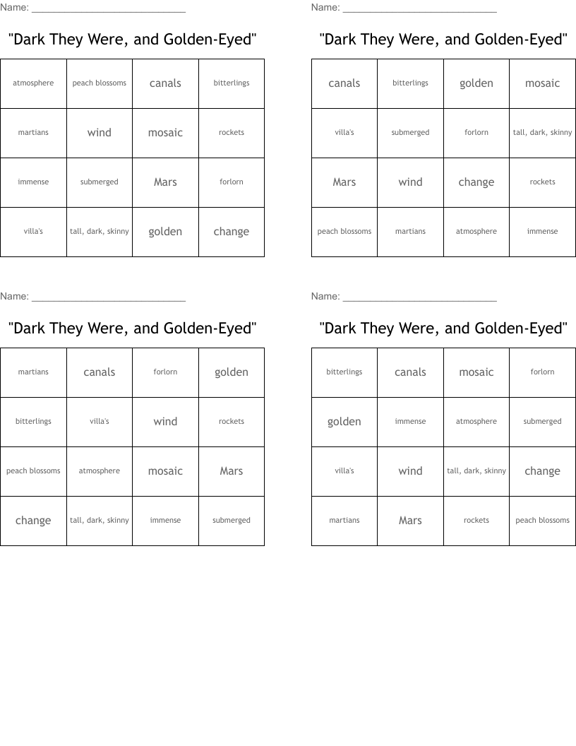 "Dark They Were, and Golden-Eyed" Bingo Cards - WordMint