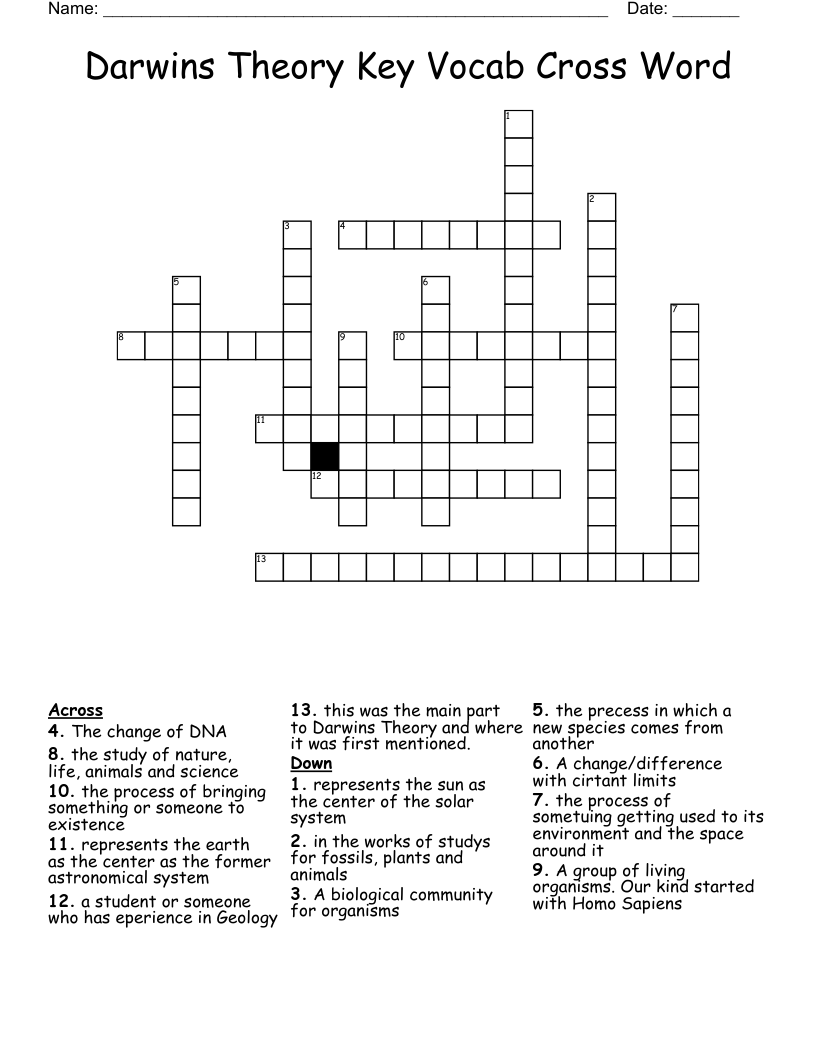Darwins Theory Key Vocab Cross Word - WordMint