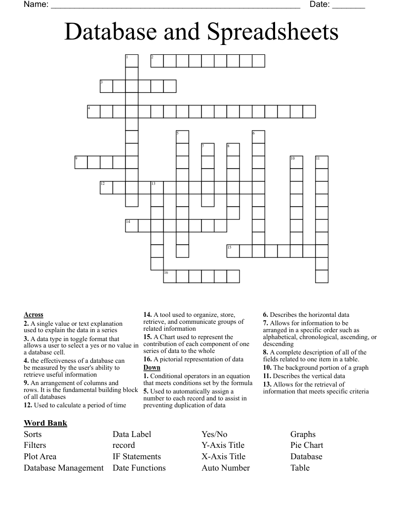 Database And Spreadsheets Crossword WordMint