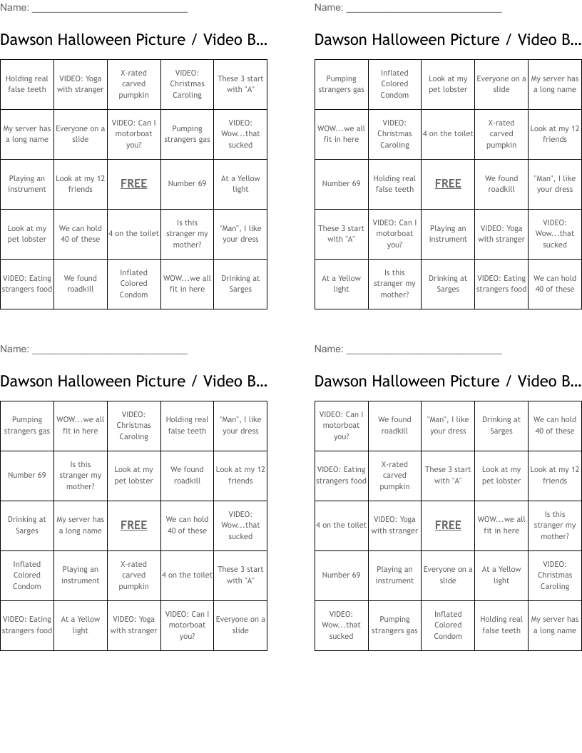 Dawson Halloween Picture / Video BINGO - WordMint