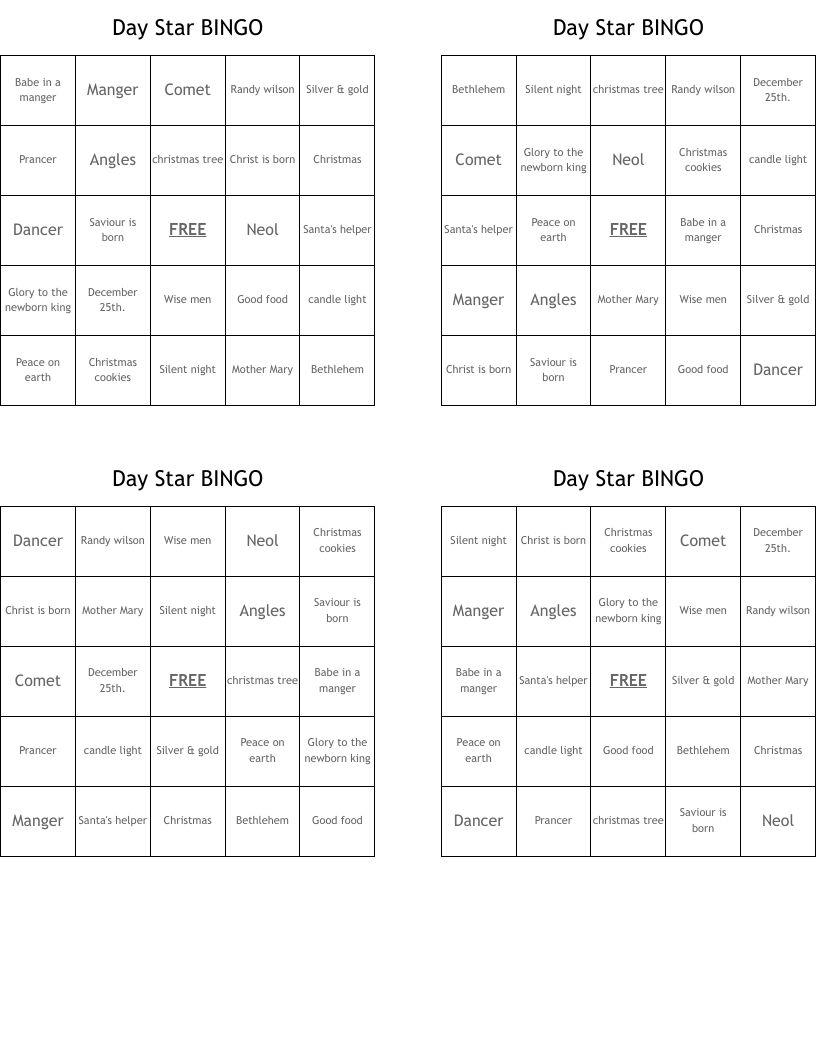 Day Star BINGO - WordMint