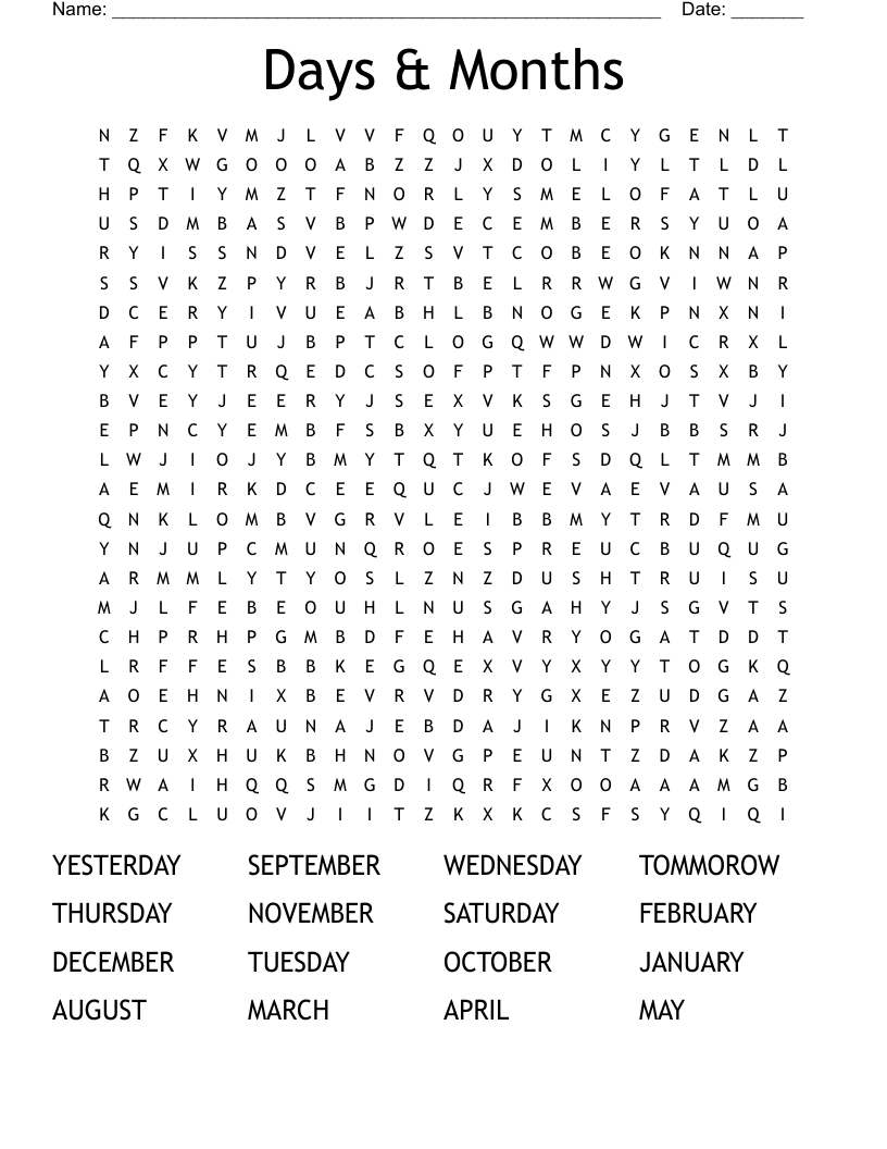 Days Months Word Search WordMint