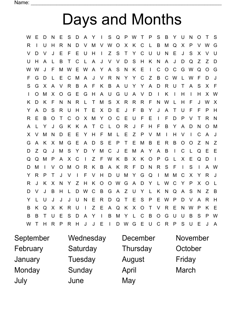 Days And Months Word Search WordMint