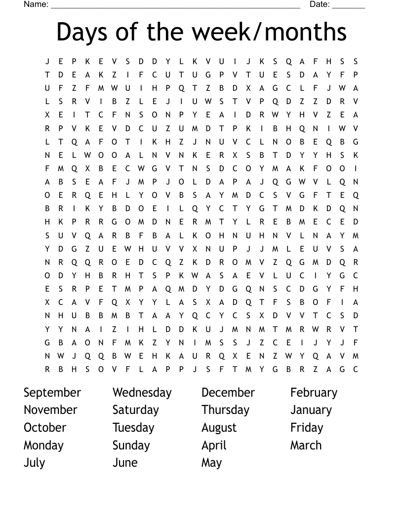 Months And Days Of The Week Word Search WordMint