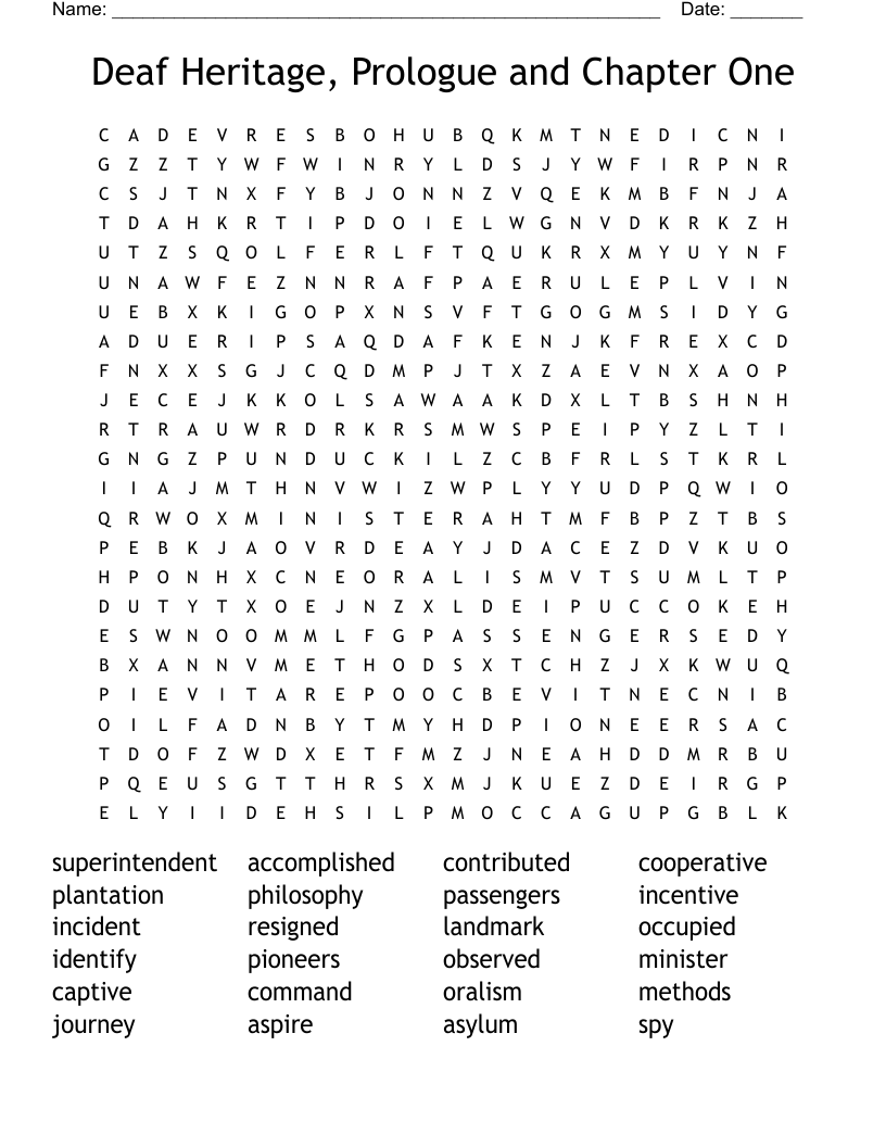 Deaf Heritage, Prologue and Chapter One Word Search - WordMint