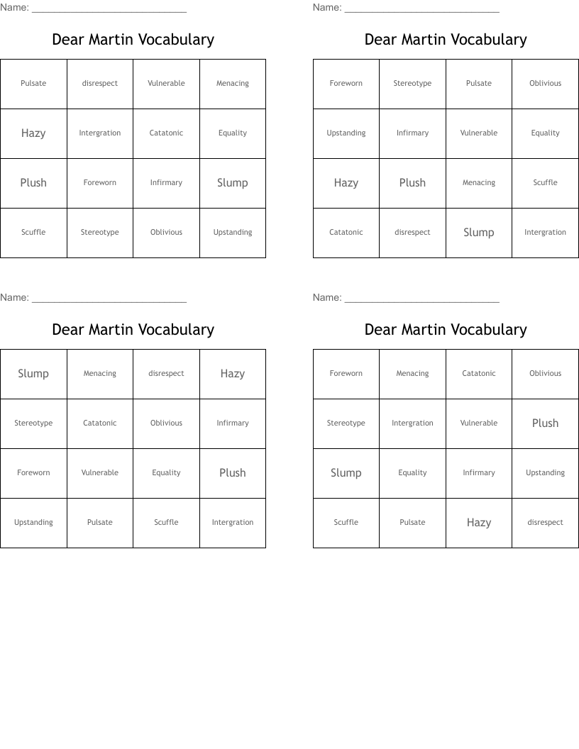 Dear Martin Vocabulary Bingo Cards - WordMint