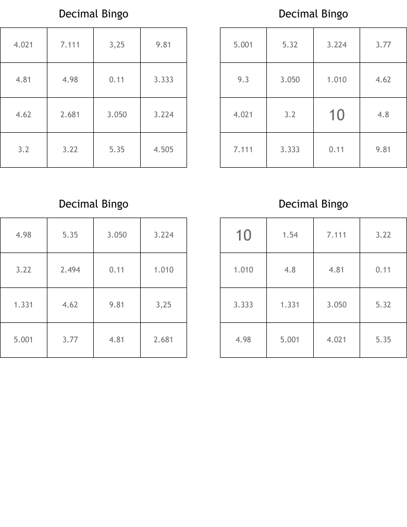 Decimal Bingo - WordMint