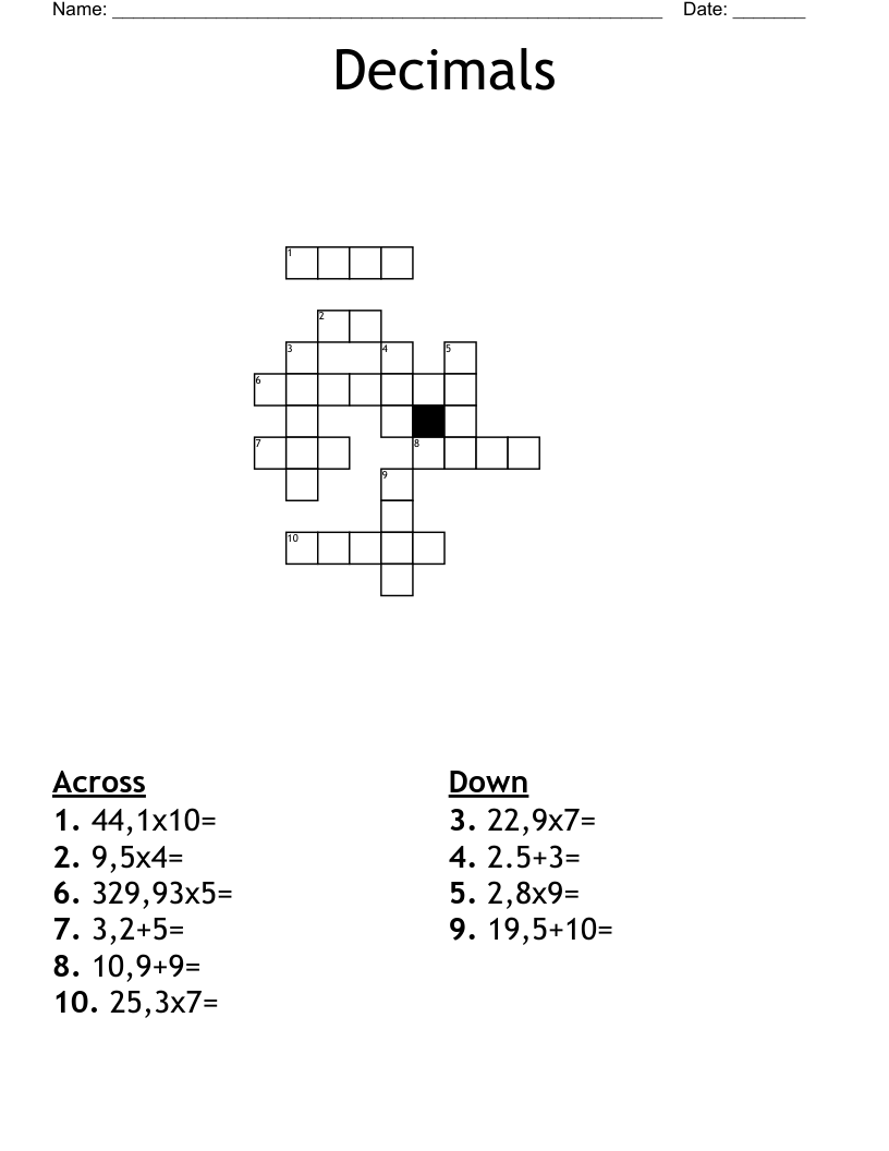 Decimals Crossword - WordMint