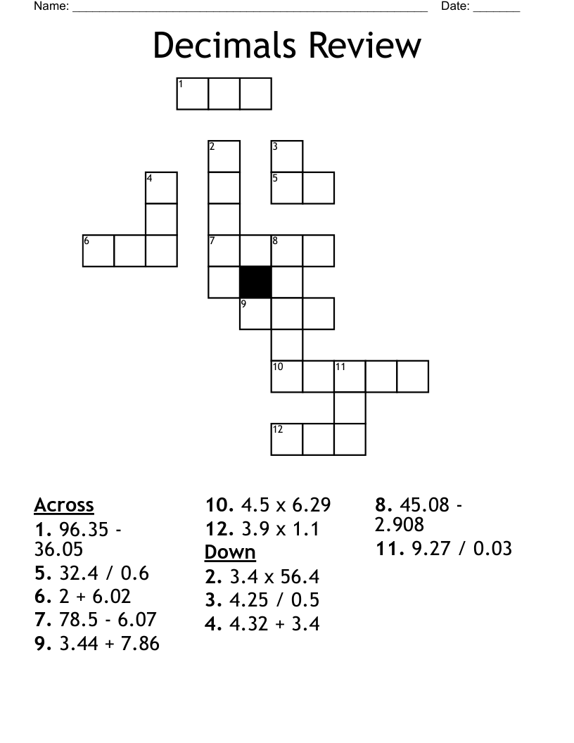 Decimals Review Crossword WordMint