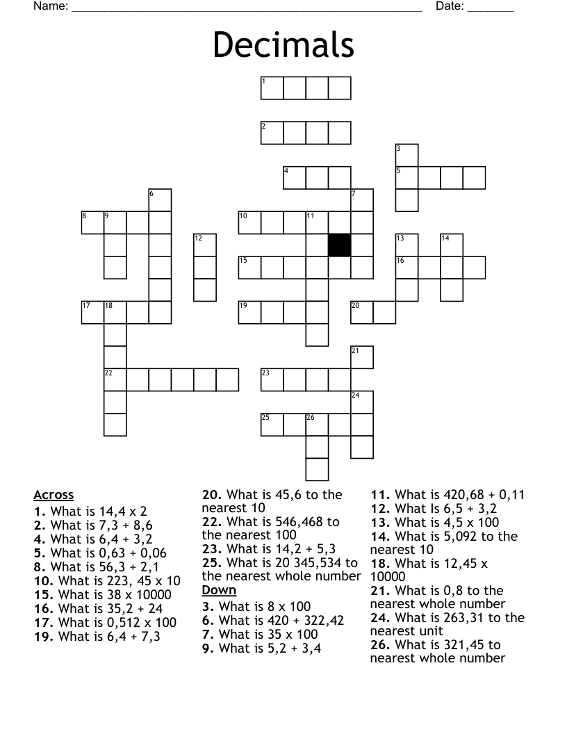Decimals Crossword WordMint