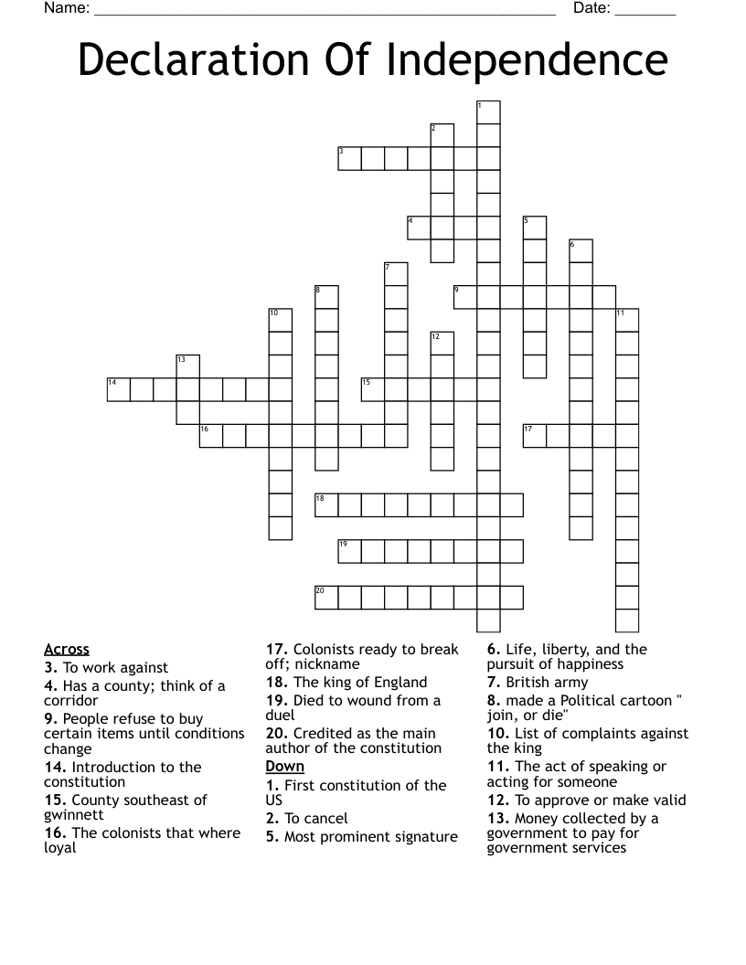 Declaration Of Independence Crossword - WordMint