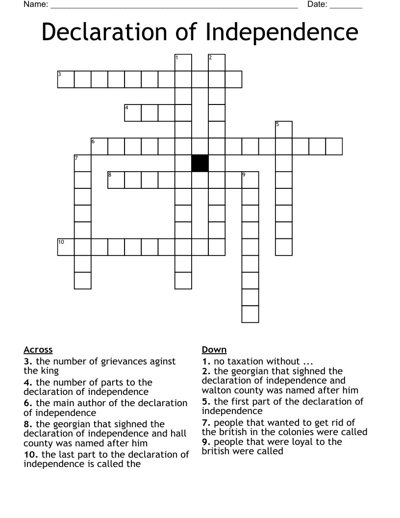 Declaration of Independence Crossword - WordMint