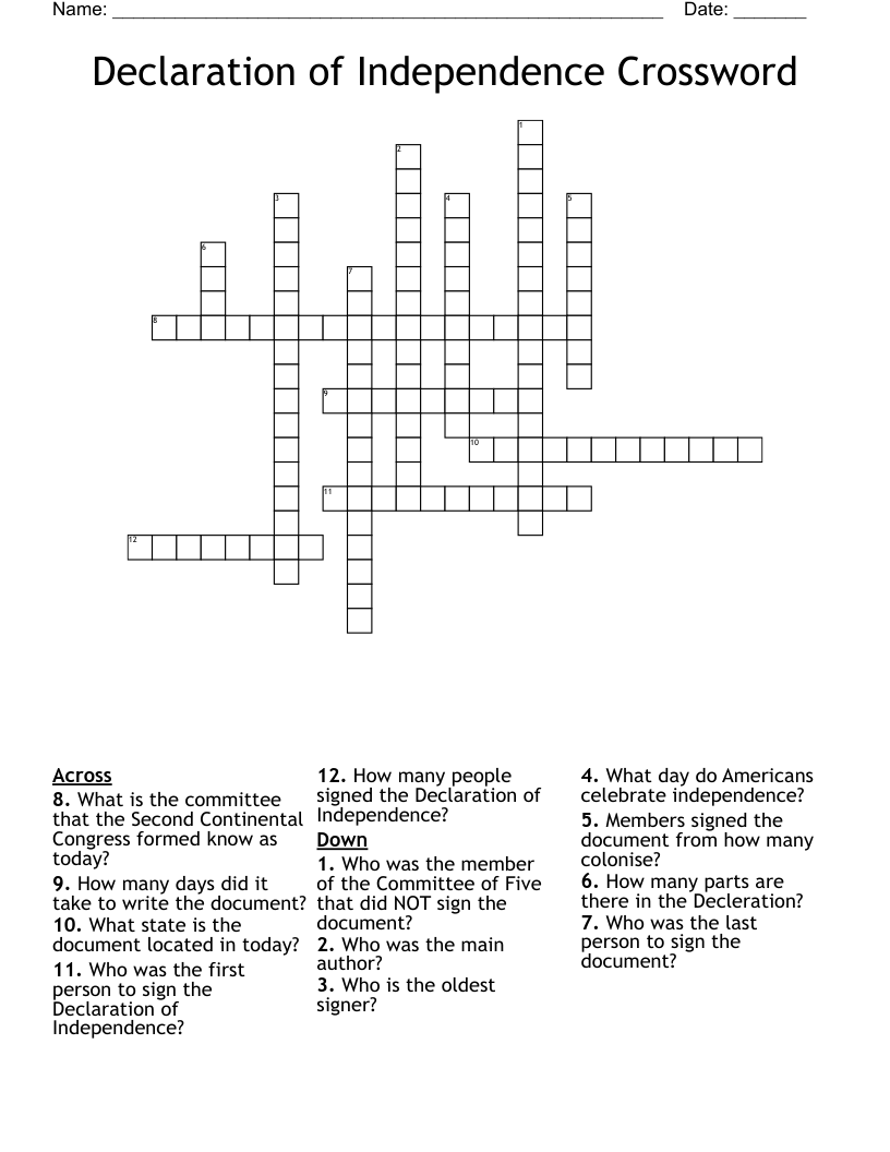 Declaration of Independence Crossword - WordMint