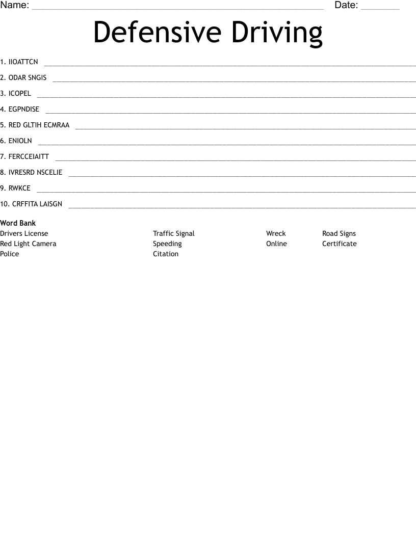 Defensive Driving Word Scramble - WordMint