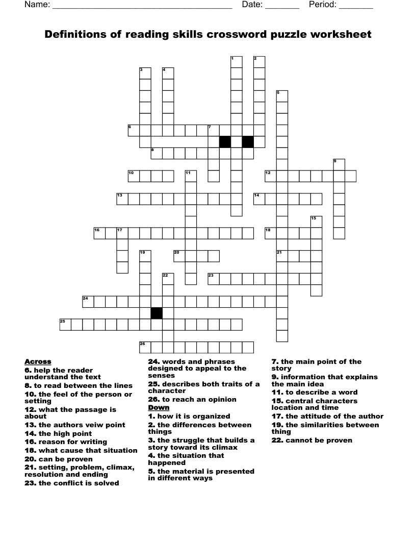 Definitions of reading skills crossword puzzle worksheet - WordMint