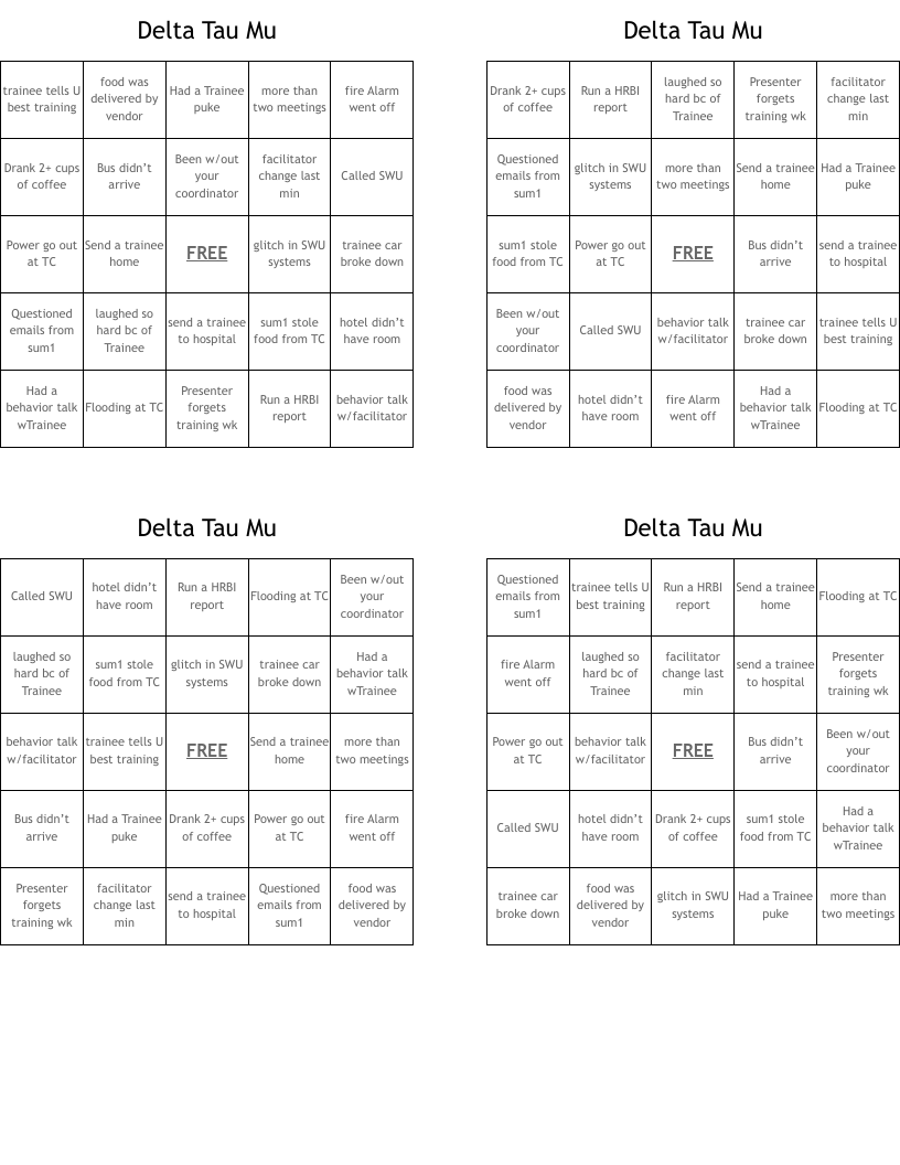 Delta Tau Mu Bingo Cards - WordMint