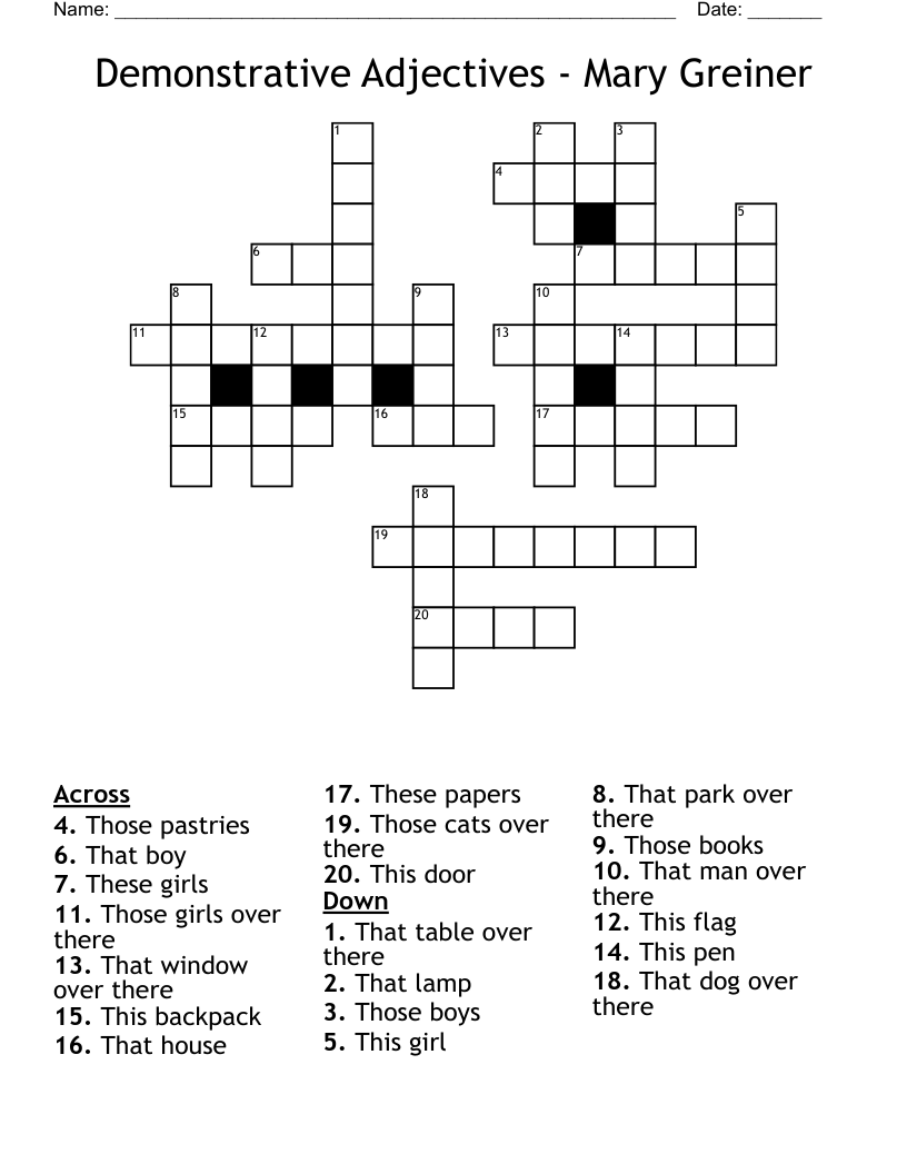 Demonstrative Adjectives - Mary Greiner Crossword - WordMint