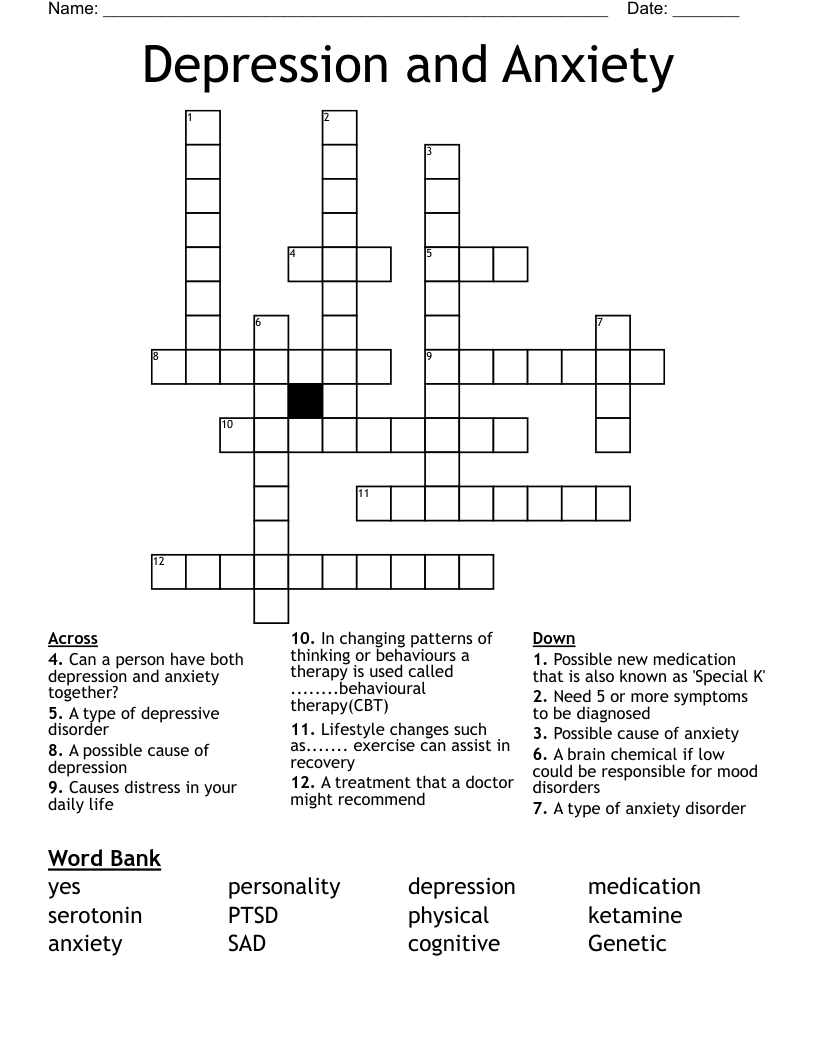 Depression And Anxiety Crossword WordMint