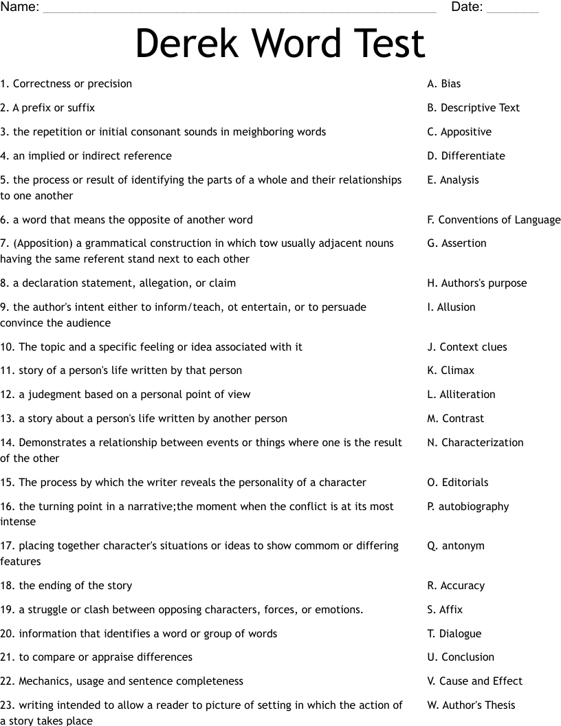 Derek Word Test Worksheet - WordMint