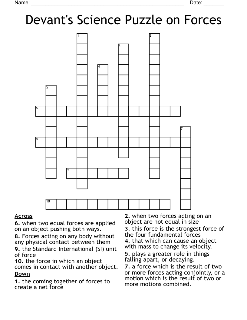 Devant's Science Puzzle on Forces Crossword - WordMint
