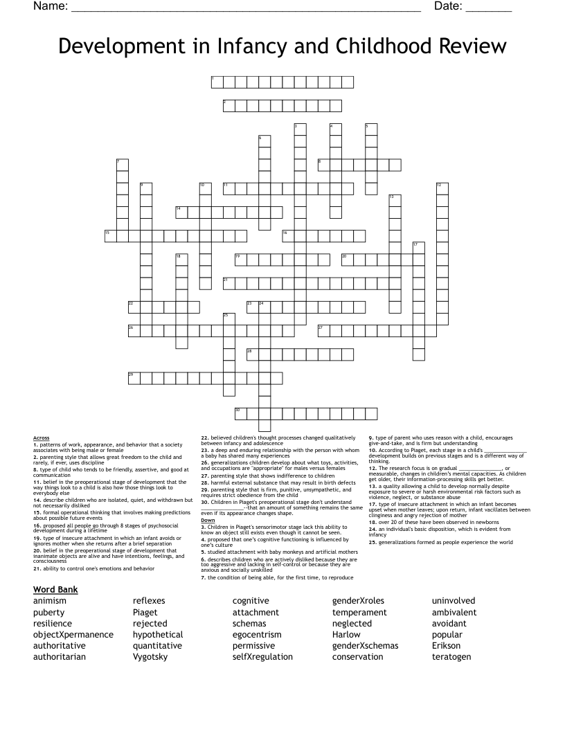 Development in Infancy and Childhood Review Crossword - WordMint