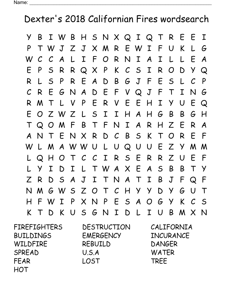 Dexter's 2018 Californian Fires wordsearch - WordMint